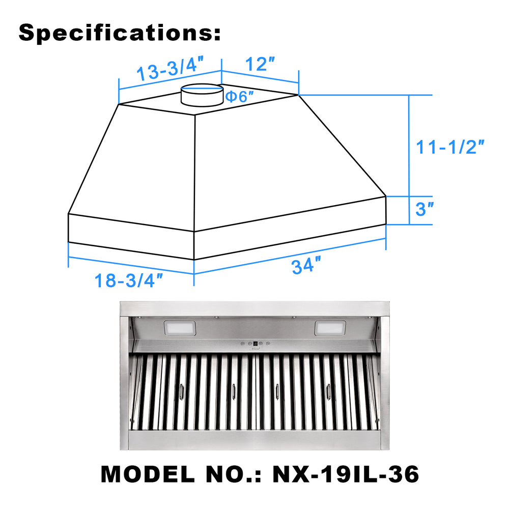 36 Inch Range Hood Insert, Ultra Quiet Stainless Steel 6" Ducted Inser