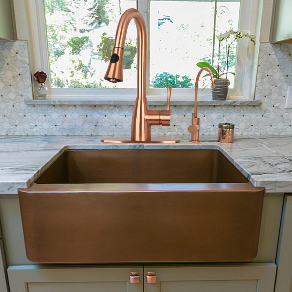 Copper Kitchen Faucet with Soap Dispenser, Single Handle Solid Brass H